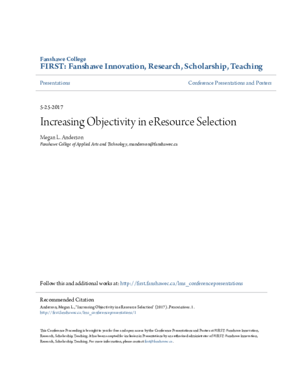 (PDF) Increasing Objectivity in eResource Selection | Megan Anderson - Academia.edu