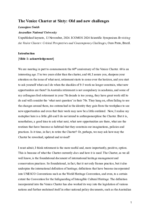 (PDF) The Venice Charter at Sixty: Old and new challenges