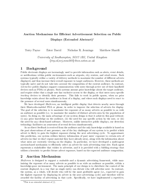 (PDF) Auction mechanisms for efficient advertisement selection on public displays