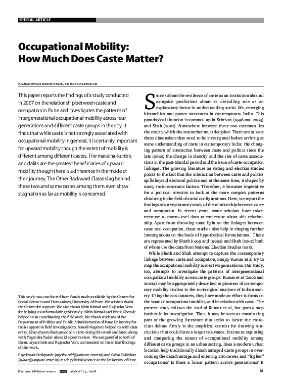 (PDF) Occupational Mobility: How Much Does Caste Matter?