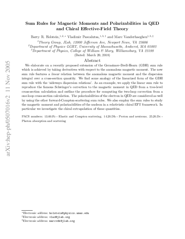 (PDF) Sum rules for magnetic moments and polarizabilities in QED and chiral effective-field theory