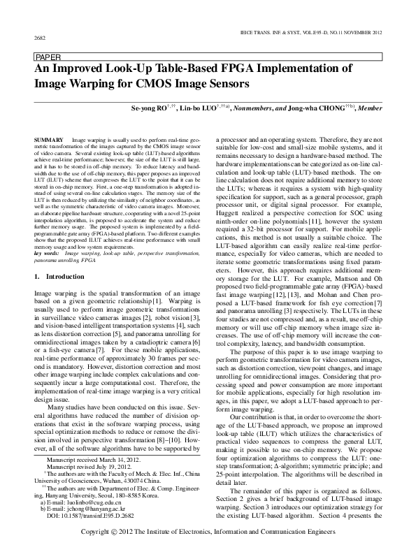 Pdf An Improved Look Up Table Based Fpga Implementation Of Image Warping For Cmos Image Sensors