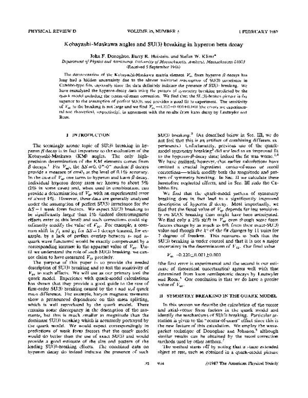 (PDF) Kobayashi-Maskawa angles and SU(3) breaking in hyperon beta decay