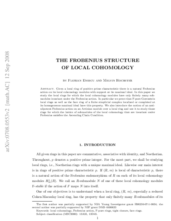 (PDF) The Frobenius Structure of Local Cohomology