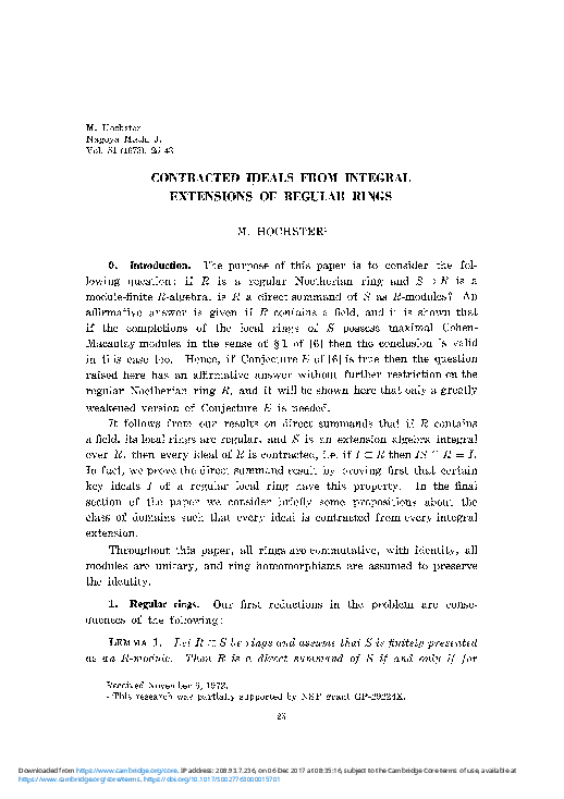 (PDF) Contracted ideals from integral extensions of regular rings