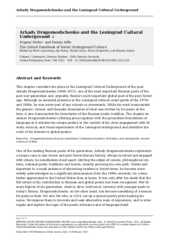 (PDF) Arkady Dragomoshchenko and the Leningrad Cultural Underground