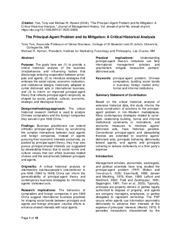 (PDF) The principal-agent problem and its mitigation: A critical ...