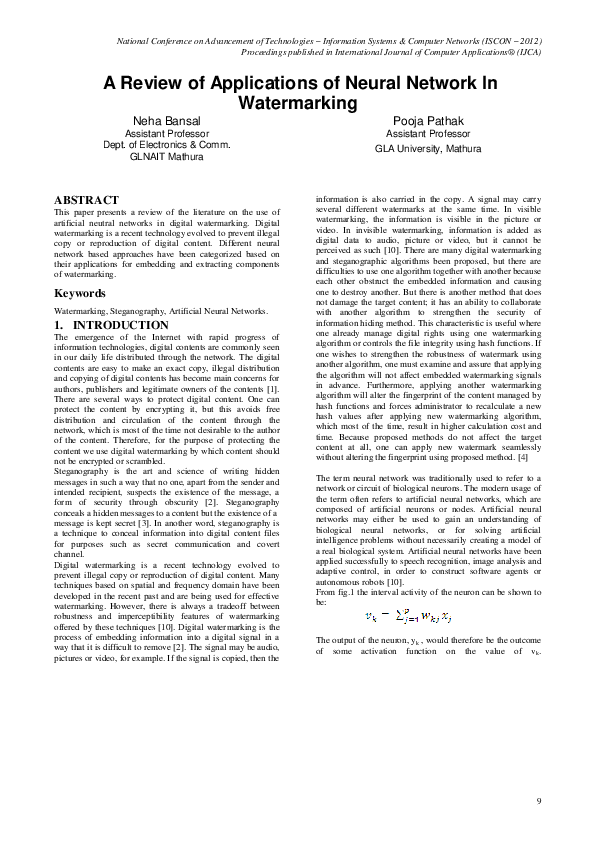 (PDF) A Review of Applications of Neural Network In Watermarking