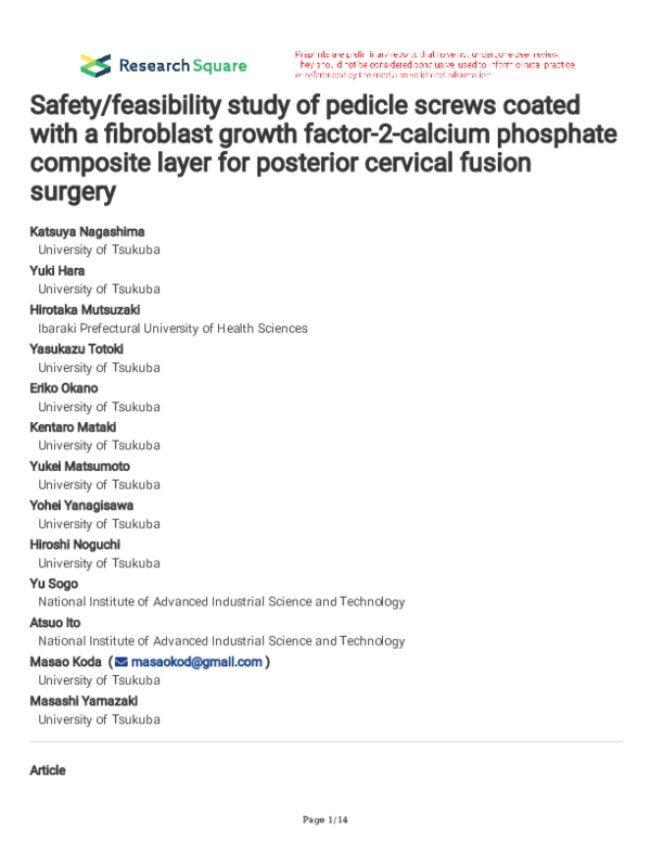 (PDF) Safety/feasibility study of pedicle screws coated with a ...