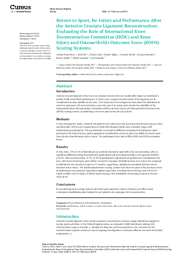 (PDF) Return to Sport, Re-injury and Performance After the Anterior ...