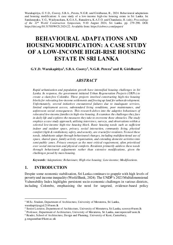 (PDF) BEHAVIOURAL ADAPTATIONS AND HOUSING MODIFICATION: A CASE STUDY OF A LOW-INCOME HIGH-RISE ...