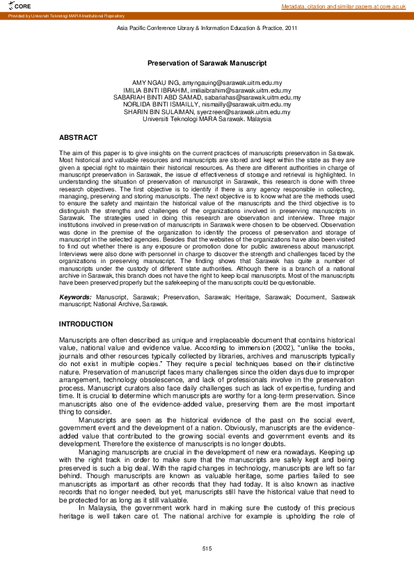 (PDF) Preservation of Sarawak Manuscript / Amy Ngau Ing, Imilia Ibrahim ...