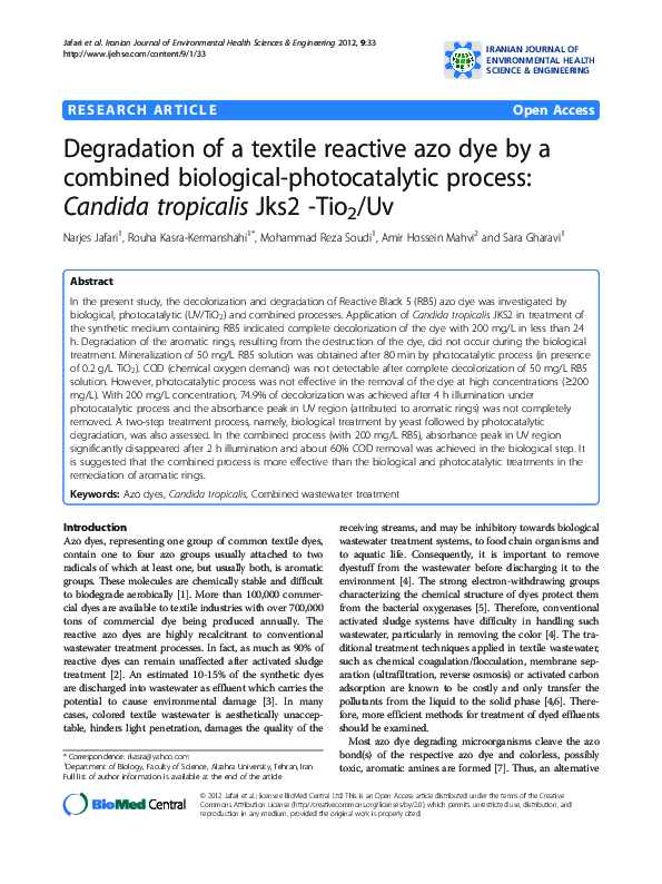 (PDF) Degradation of a textile reactive azo dye by a combined ...