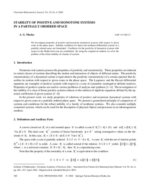 (PDF) Stability of positive and monotone systems in a partially ordered space