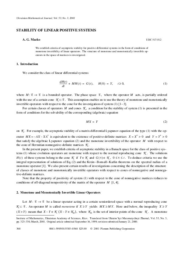 (PDF) Stability of Linear Positive Systems