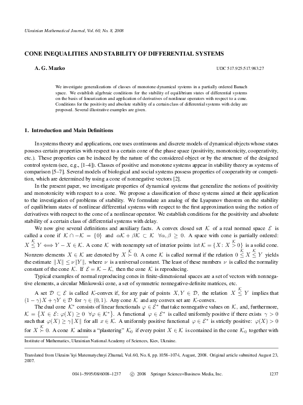 (PDF) Cone inequalities and stability of differential systems