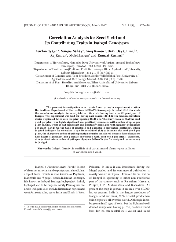 (PDF) Correlation Analysis for Seed Yield and Its Contributing Traits in Isabgol Genotypes
