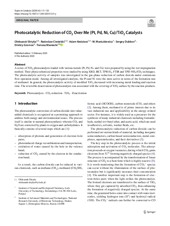 (PDF) Photocatalytic Reduction of CO2 Over Me (Pt, Pd, Ni, Cu)/TiO2 ...