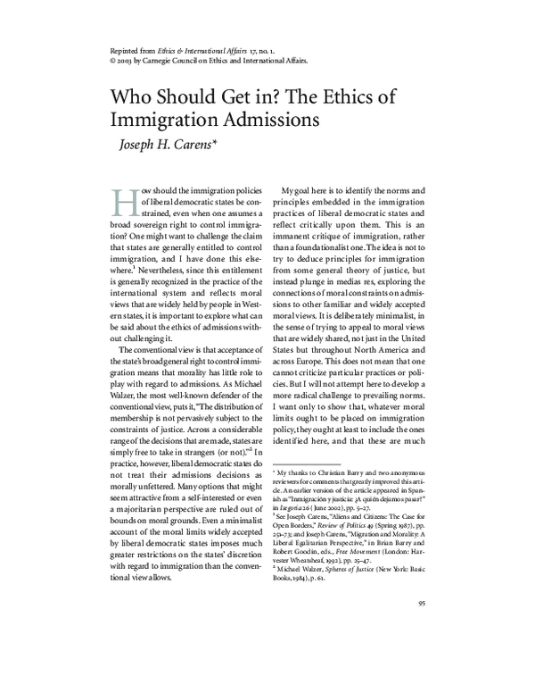 (PDF) Who Should Get in? The Ethics of Immigration Admissions