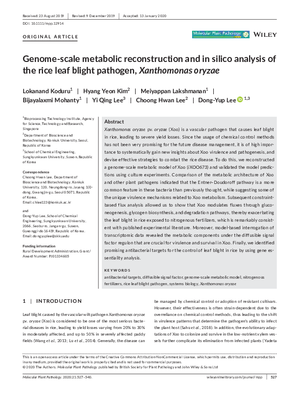 (PDF) Genome‐scale metabolic reconstruction and in silico analysis of the rice leaf blight ...