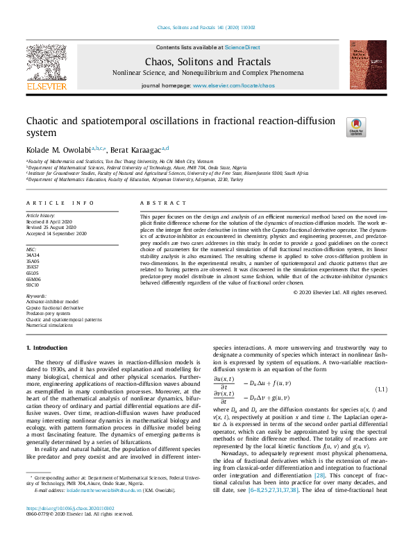 Pdf Chaotic And Spatiotemporal Oscillations In Fractional Reaction