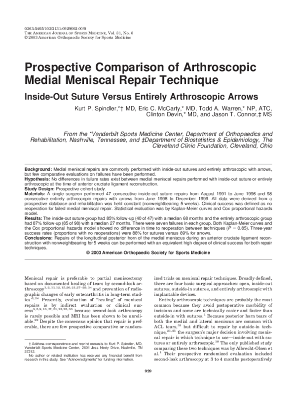 (PDF) Prospective comparison of arthroscopic medial meniscal repair technique: inside-out suture ...