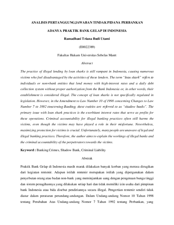 (PDF) ANALISIS PERTANGGUNGJAWABAN TINDAK PIDANA PERBANKAN ADANYA ...