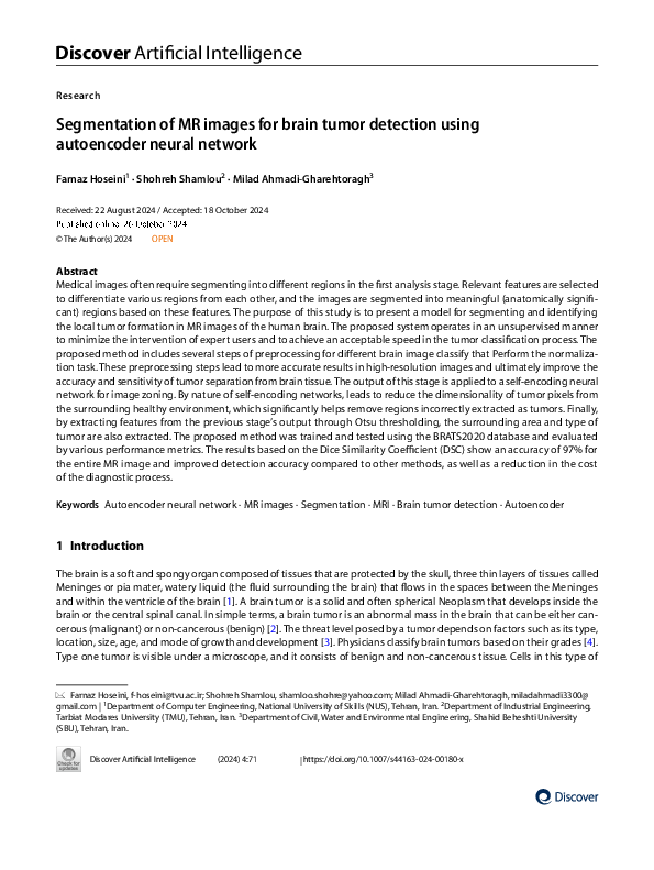 (PDF) Segmentation of MR images for brain tumor detection using autoencoder neural network