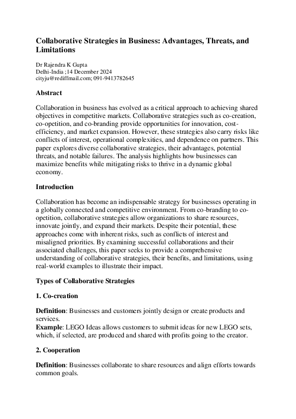 (PDF) Collaborative Strategies in Business: Advantages, Threats, and ...