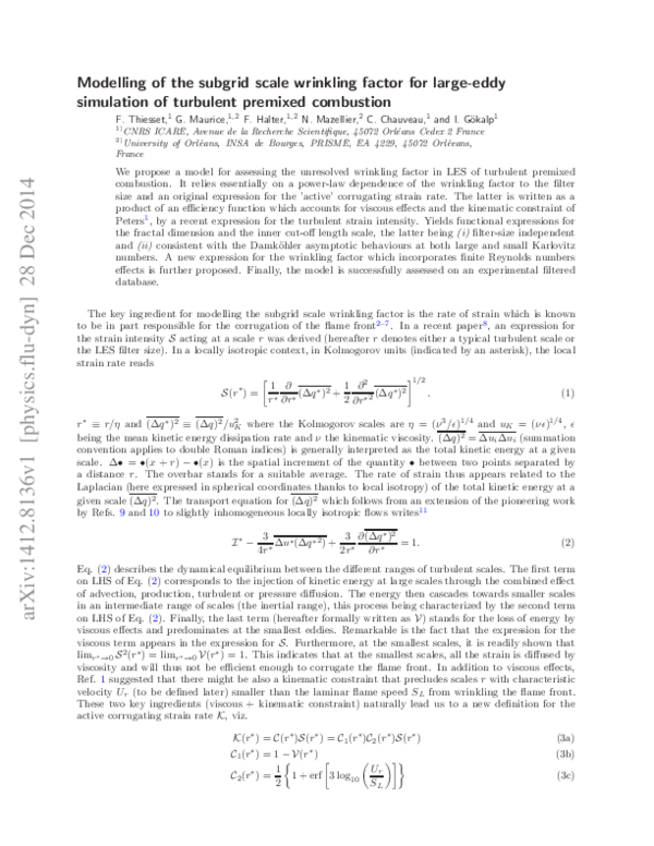 (PDF) Modelling of the subgrid scale wrinkling factor for large-eddy simulation of turbulent ...