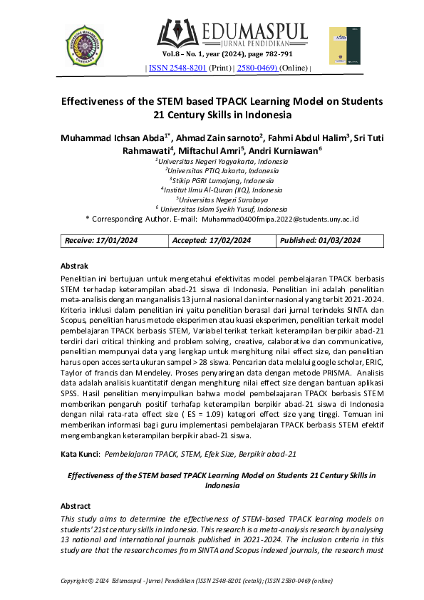 (PDF) Effectiveness of the STEM based TPACK Learning Model on Students 21 Century Skills in ...