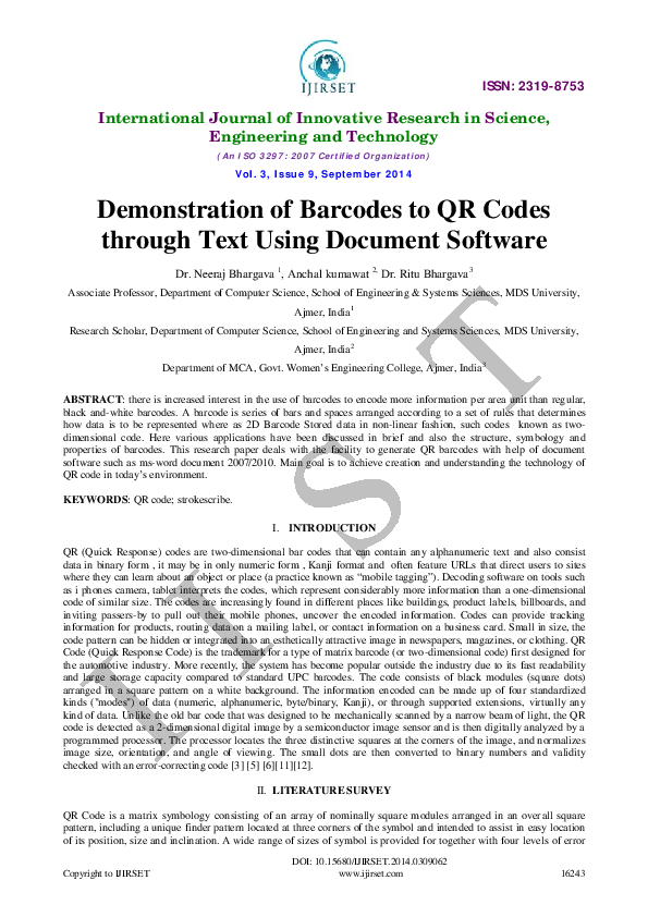 (PDF) Demonstration of Barcodes to QR Codesthrough Text Using Document ...