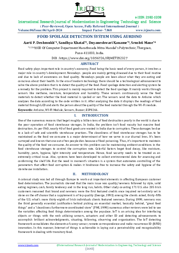 (PDF) Food Spoilage Detection System Using Ardiuno