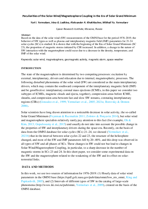 (PDF) Peculiarities of the Solar-Wind/Magnetosphere Coupling in the Era of Solar Grand Minimum