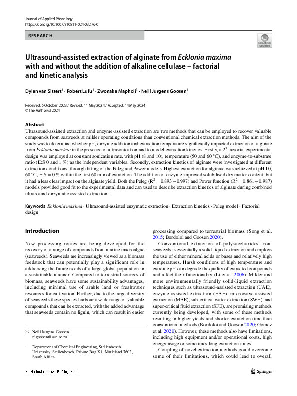 (PDF) Ultrasound-assisted extraction of alginate from Ecklonia maxima with and without the ...