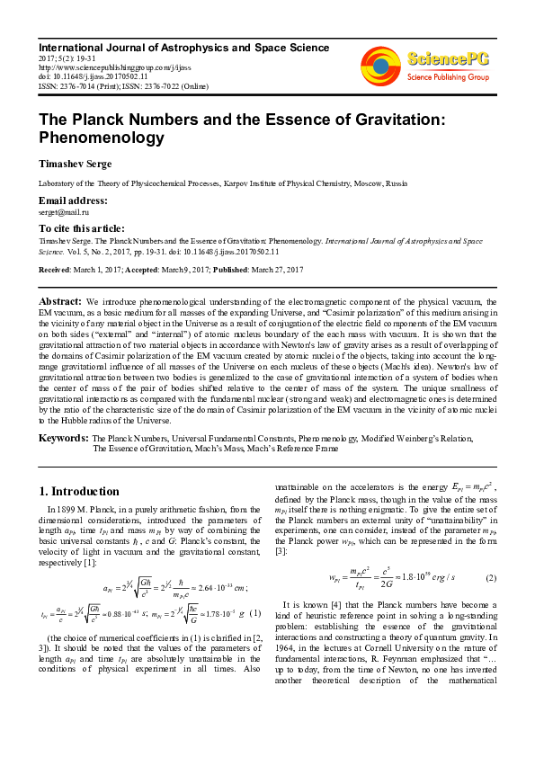(PDF) The Planck Numbers and the Essence of Gravitation: Phenomenology
