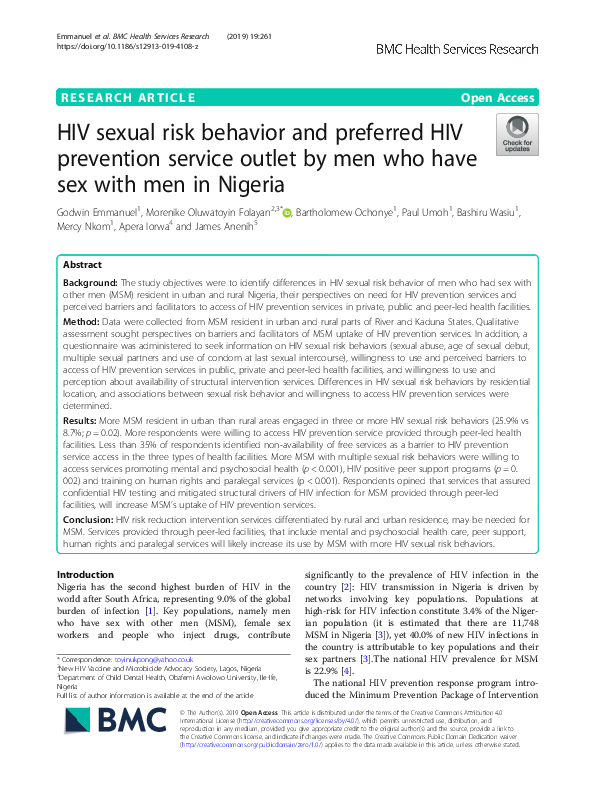(PDF) HIV sexual risk behavior and preferred HIV prevention service ...