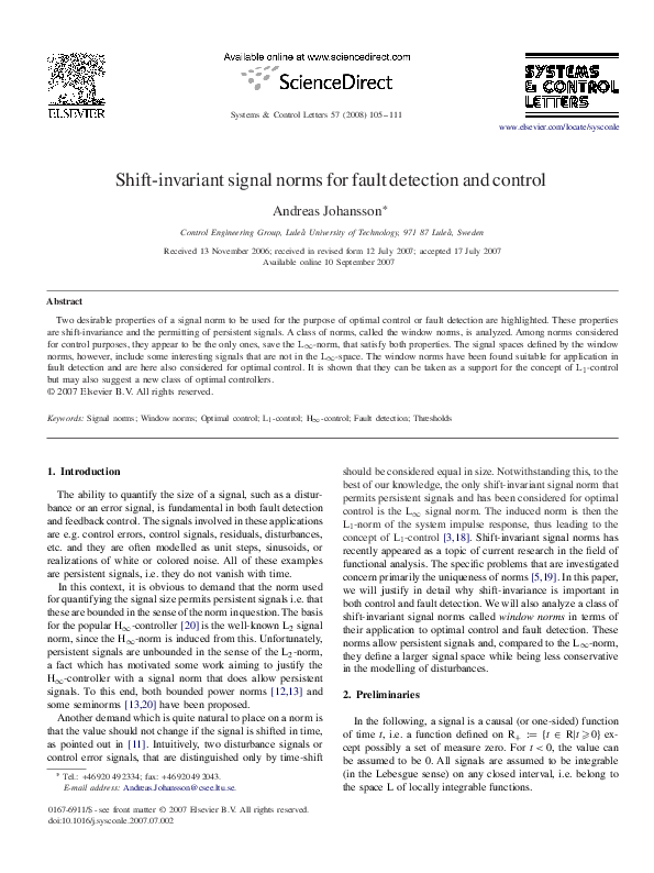 (PDF) Shift-invariant signal norms for fault detection and control