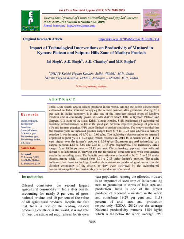 Pdf Impact Of Technological Interventions On Productivity Of Mustard