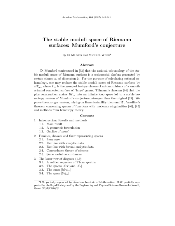 (PDF) The stable moduli space of Riemann surfaces: Mumford’s conjecture