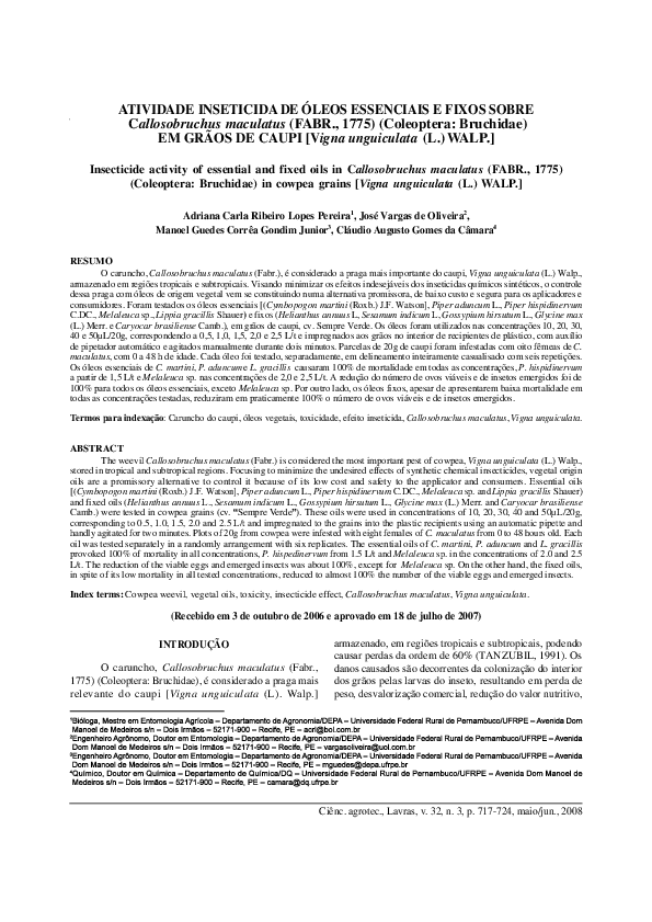 (PDF) Atividade inseticida de óleos essenciais e fixos sobre ...