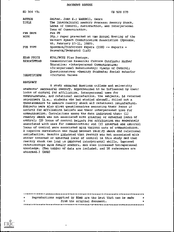 (PDF) The Intercultural Reentry Process; Reentry Shock; Locus of Control; Satisfaction; and ...