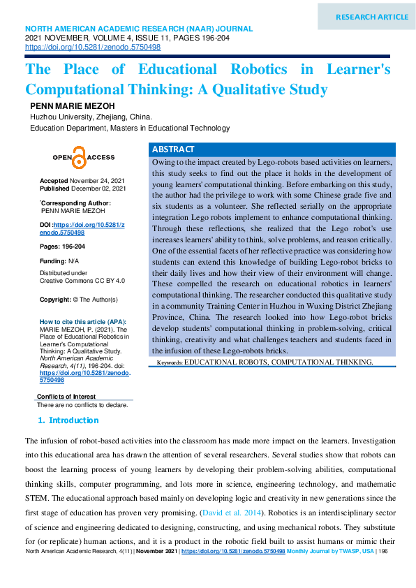 (PDF) The Place of Educational Robotics in Learner's Computational Thinking: A Qualitative Study