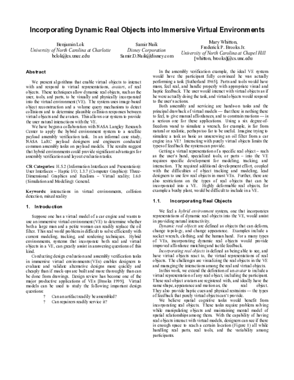(PDF) Incorporating dynamic real objects into immersive virtual environments | Mary Whitton ...