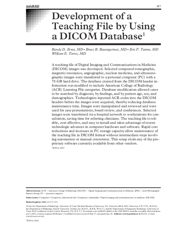 (PDF) Development of a Teaching File by Using a DICOM Database