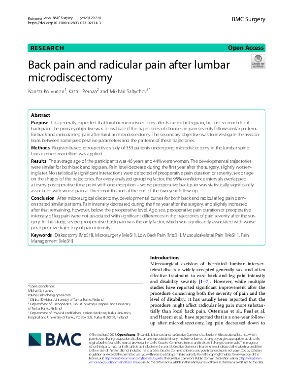 (PDF) Back Pain and Radicular Pain After Lumbar Microdiscectomy