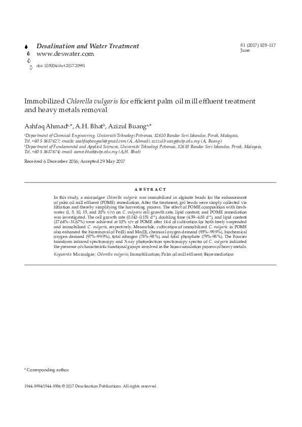 (PDF) Immobilized Chlorella vulgaris for efficient palm oil mill effluent treatment and heavy ...