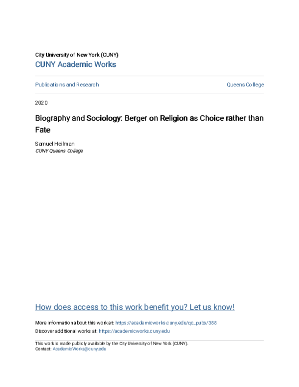 (PDF) Biography and Sociology: Berger on Religion as Choice rather than ...