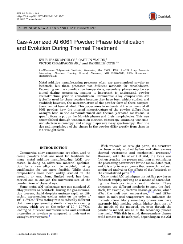 (PDF) Gas-Atomized Al 6061 Powder: Phase Identification and Evolution During Thermal Treatment ...