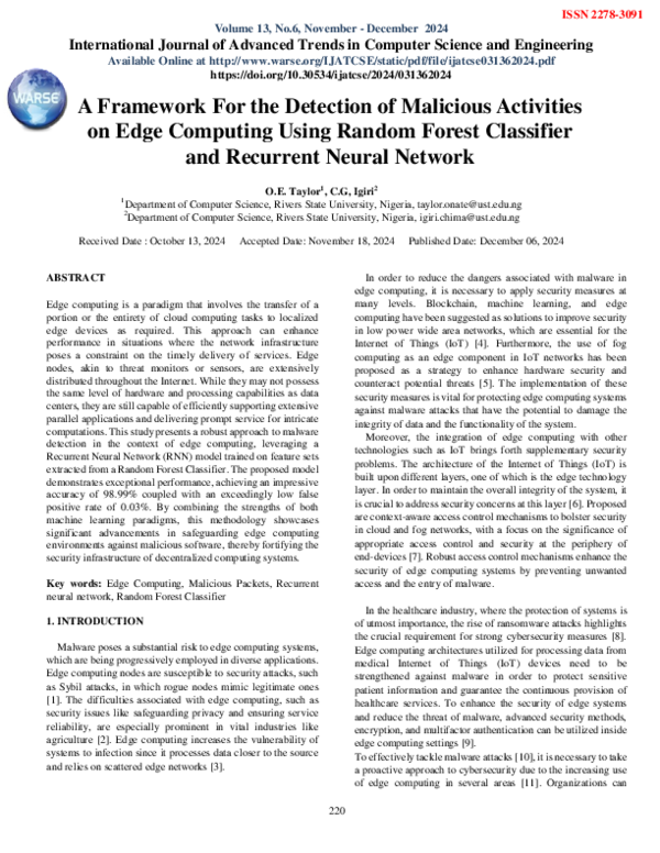 Pdf A Framework For The Detection Of Malicious Activities On Edge